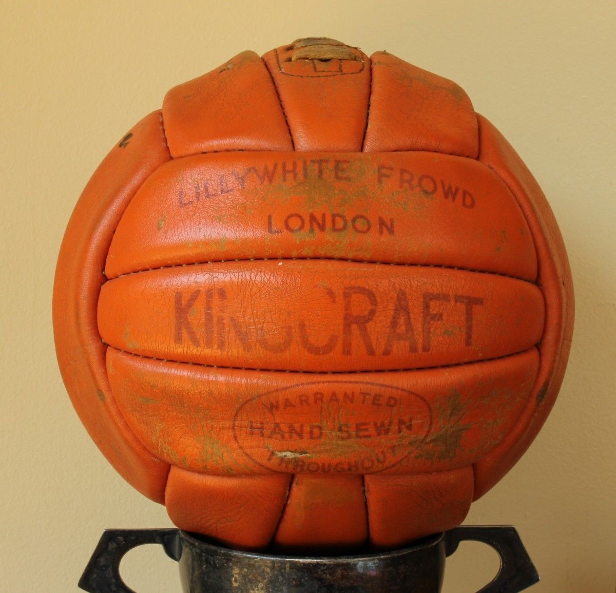 Vintage 1950s Lillywhite Frowd Kingcraft Orange Leather Lace Up Football.