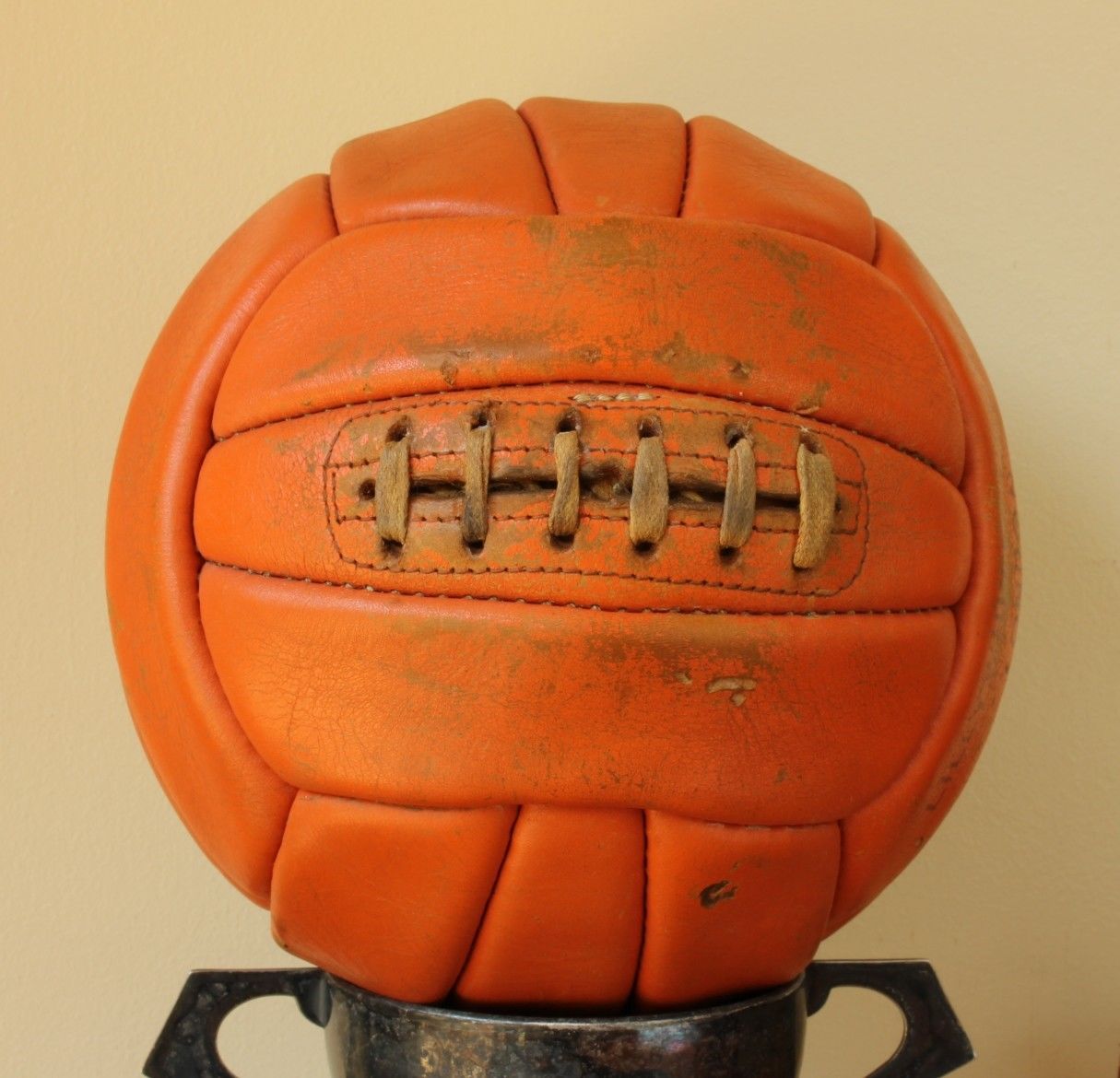 Vintage 1950s Lillywhite Frowd Kingcraft Orange Leather Lace Up Football.
