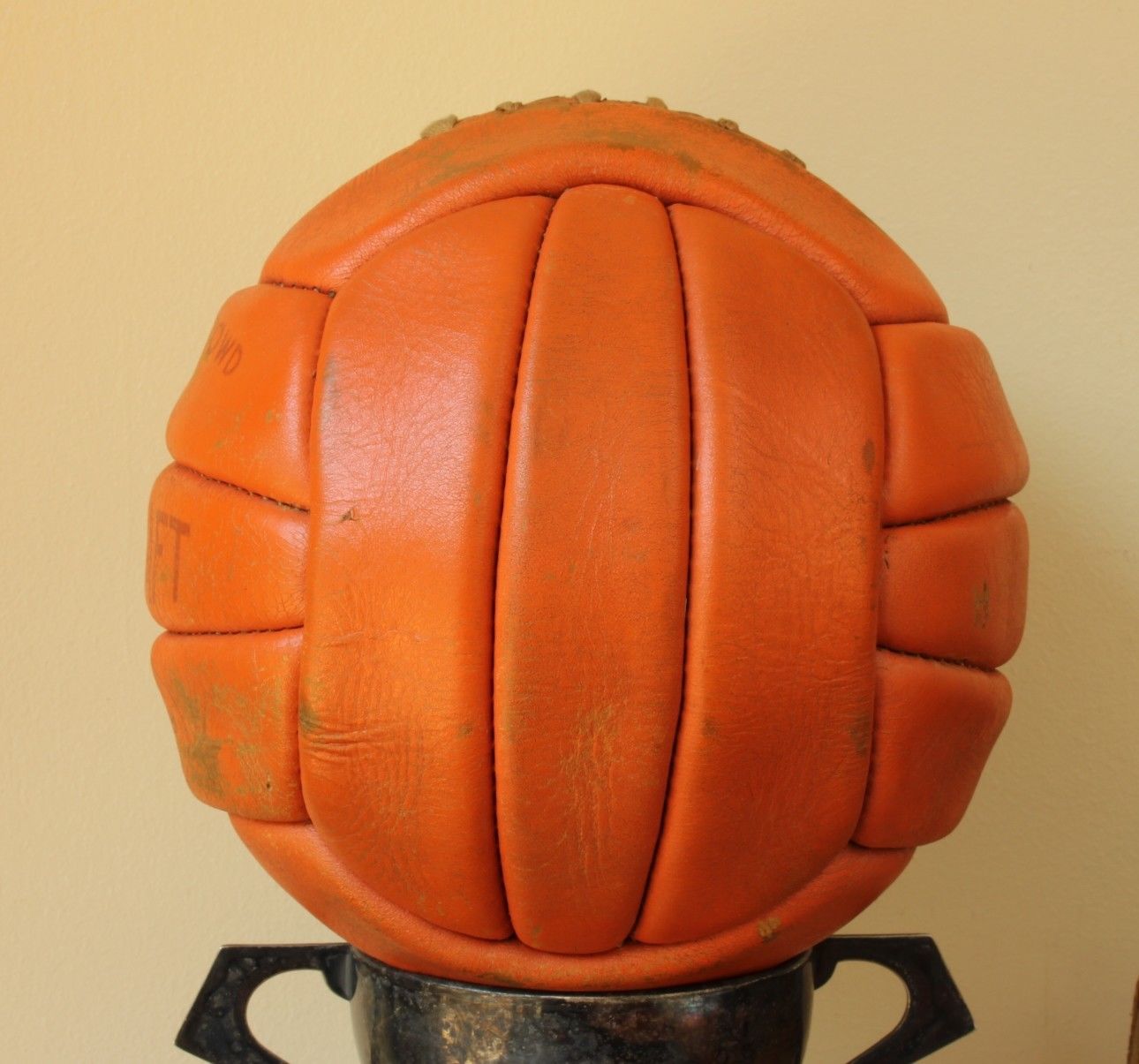 Vintage 1950s Lillywhite Frowd Kingcraft Orange Leather Lace Up Football.