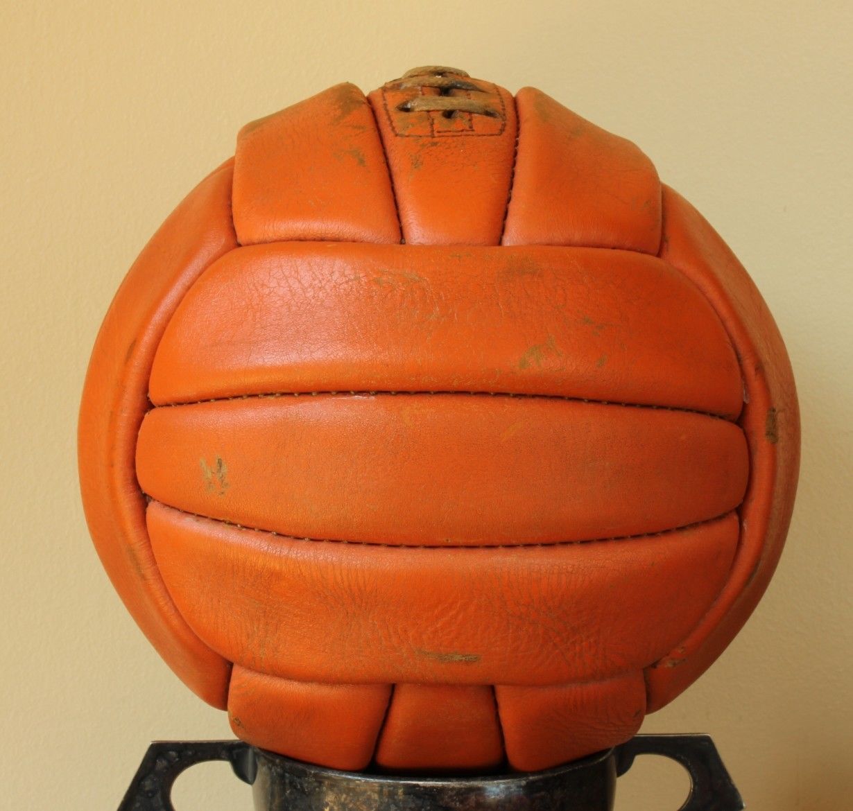 Vintage 1950s Lillywhite Frowd Kingcraft Orange Leather Lace Up Football.