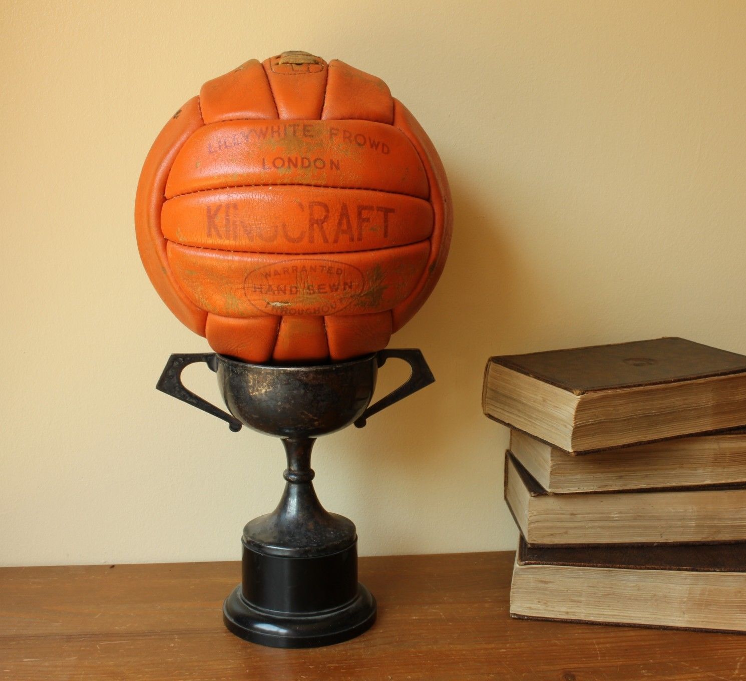 Vintage 1950s Lillywhite Frowd Kingcraft Orange Leather Lace Up Football.