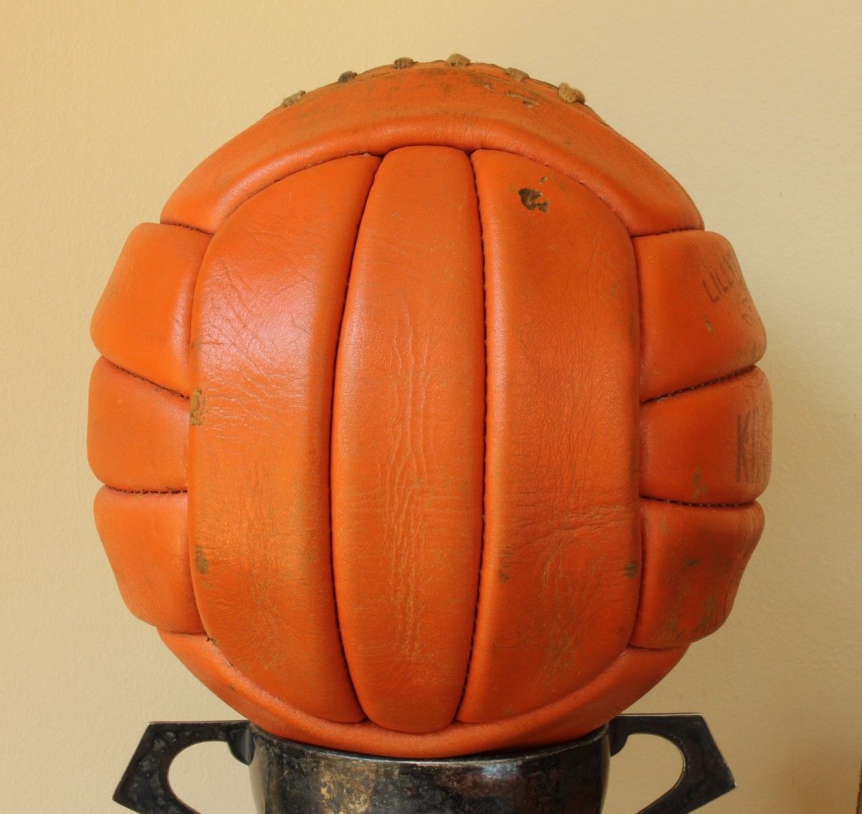 Vintage 1950s Lillywhite Frowd Kingcraft Orange Leather Lace Up Football.