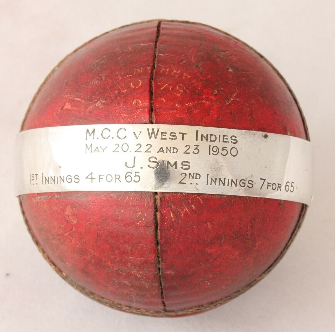 Silver Band Cricket Ball Trophy. MCC v West Indies 1950 Jim Sims. Lords.