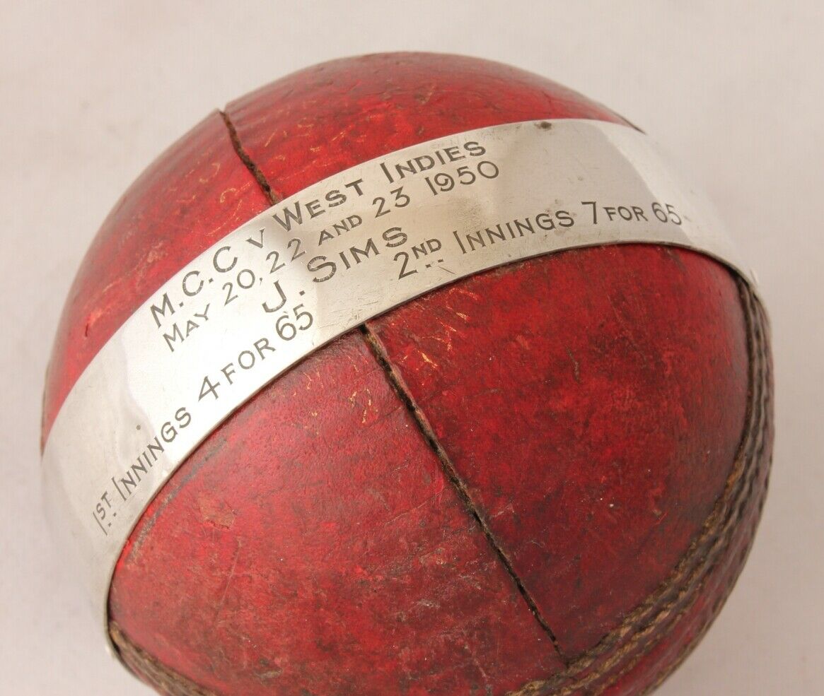 Silver Band Cricket Ball Trophy. MCC v West Indies 1950 Jim Sims. Lords.