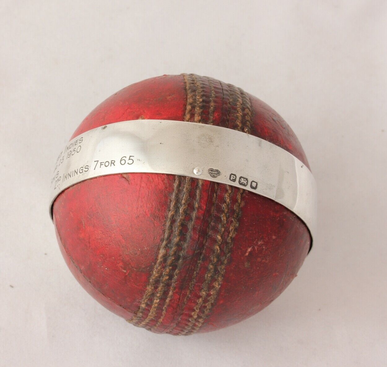 Silver Band Cricket Ball Trophy. MCC v West Indies 1950 Jim Sims. Lords.