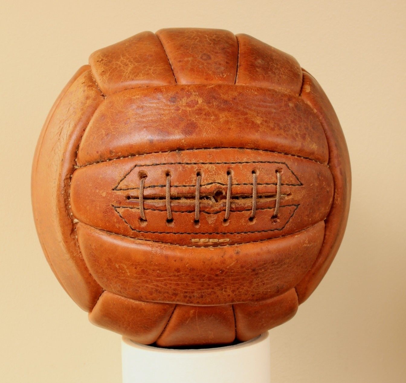 1950 Handsewn 18 Panel Tan Leather Football. Old Laced Soccer Ball.