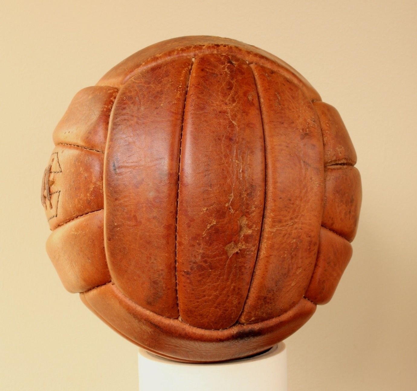 1950 Handsewn 18 Panel Tan Leather Football. Old Laced Soccer Ball.