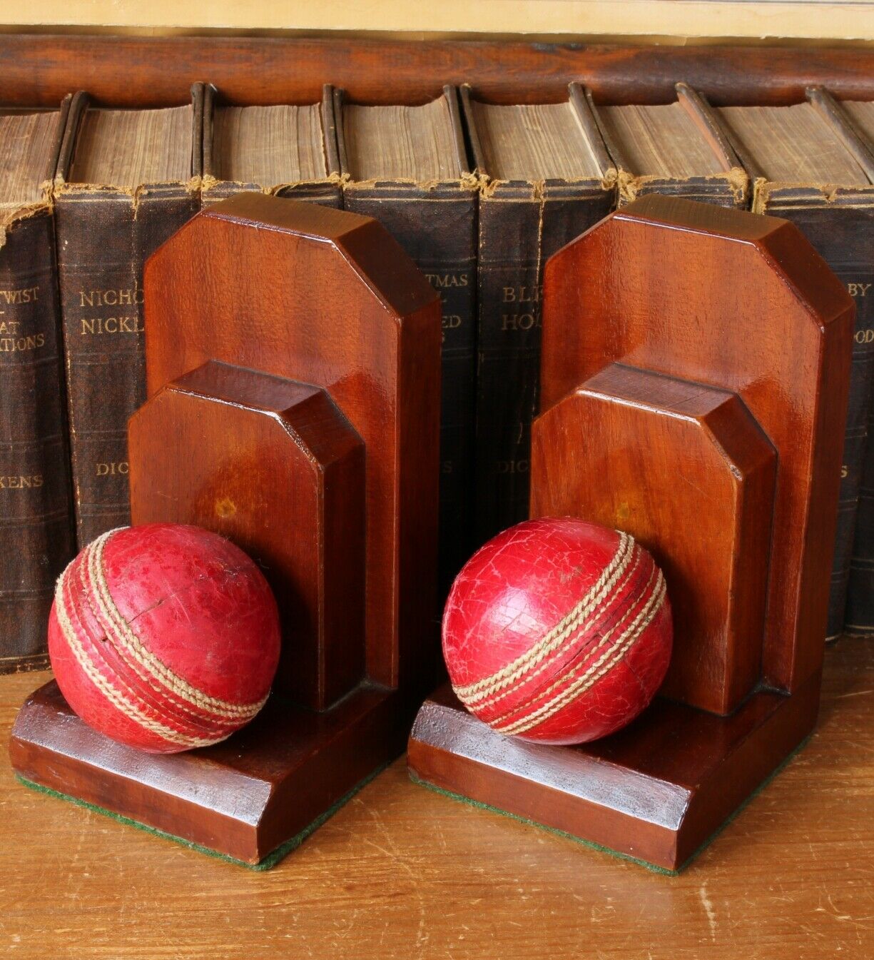 Mahogany Cricket Ball Bookends. Art Deco Book Rests.