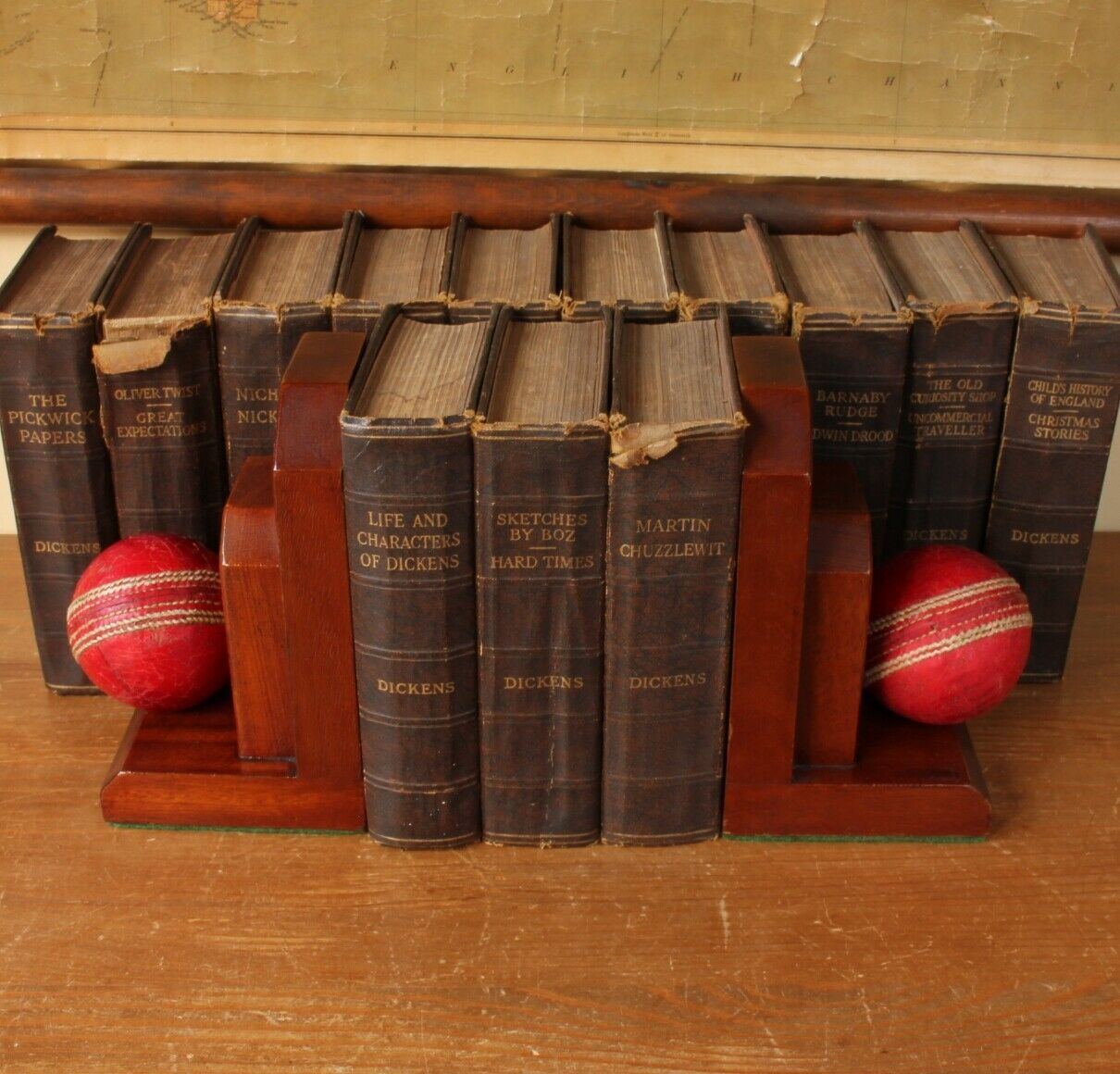 Mahogany Cricket Ball Bookends. Art Deco Book Rests.