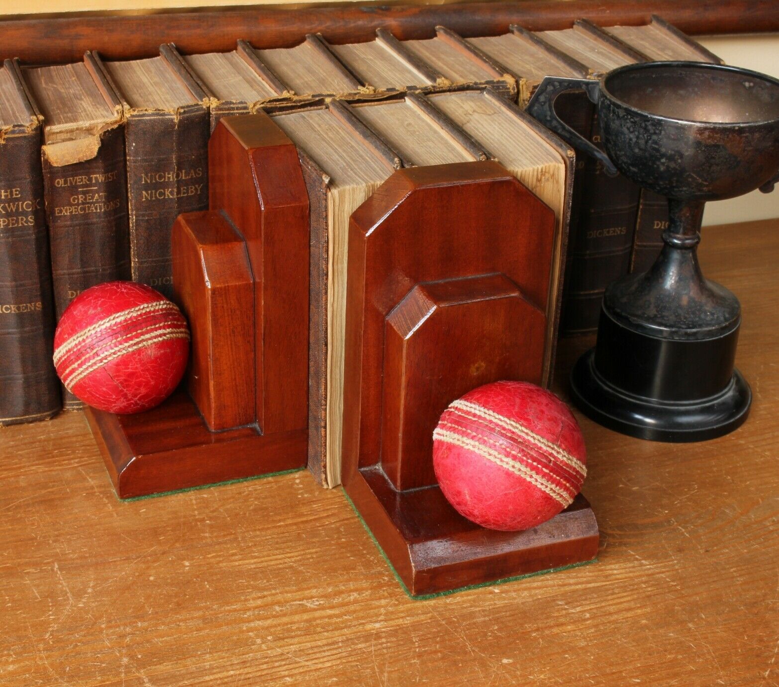 Mahogany Cricket Ball Bookends. Art Deco Book Rests.