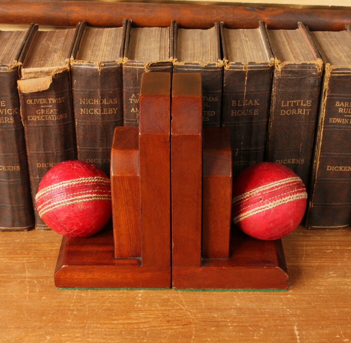 Mahogany Cricket Ball Bookends. Art Deco Book Rests.
