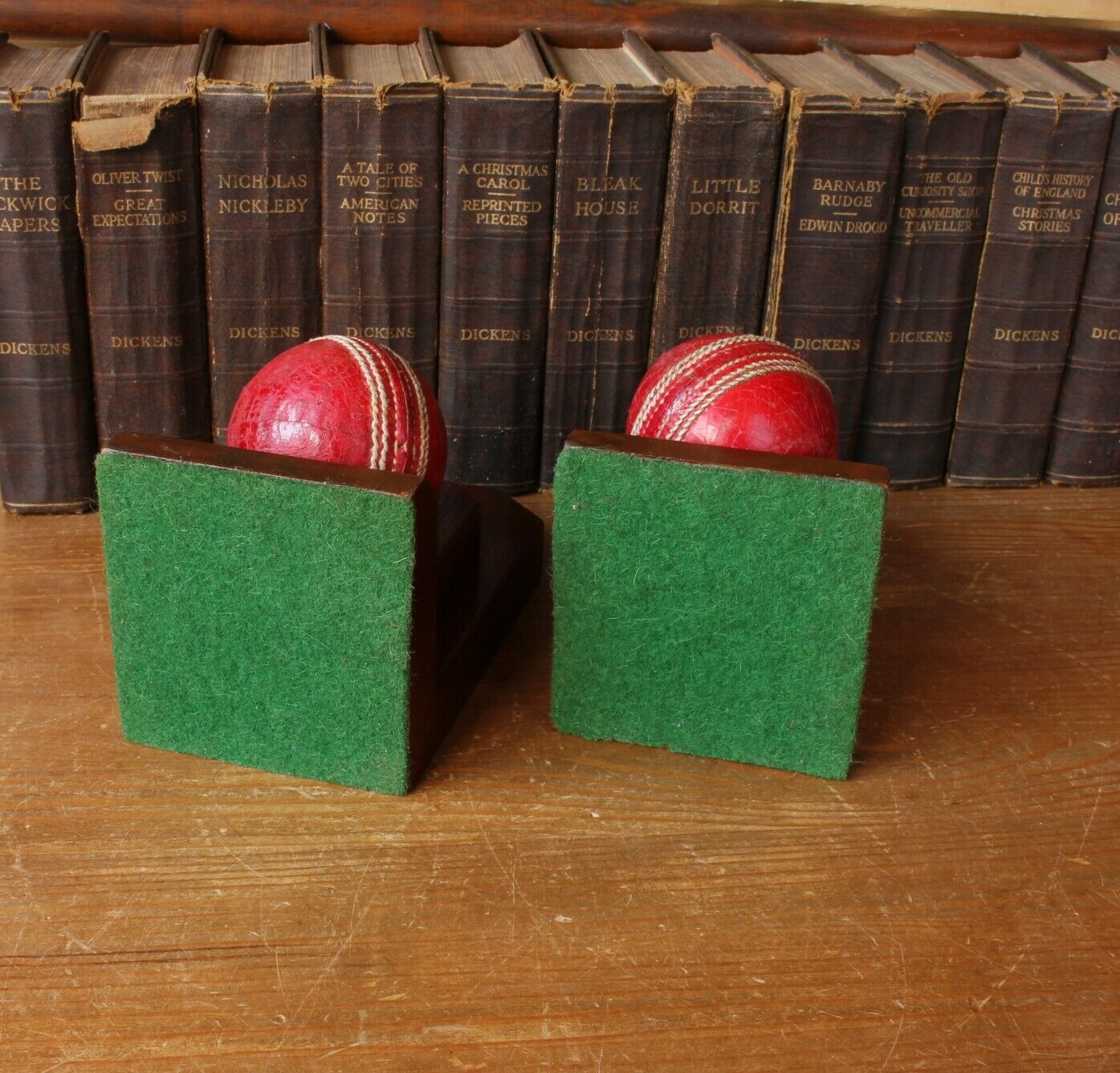 Mahogany Cricket Ball Bookends. Art Deco Book Rests.