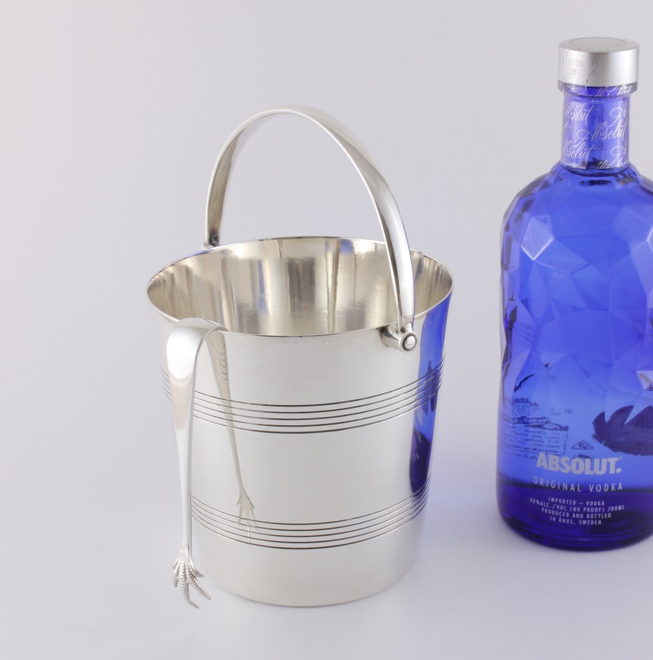 Art Deco Mappin & Webb Silver Plated Ice Bucket Pail With Tongs.