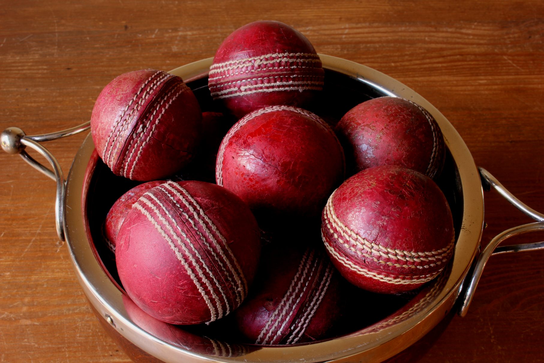 English Oak Silver Plate Mappin & Webb Trophy Bowl & Old Cricket Balls.