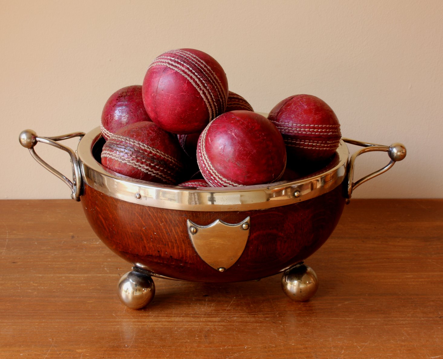 English Oak Silver Plate Mappin & Webb Trophy Bowl & Old Cricket Balls.