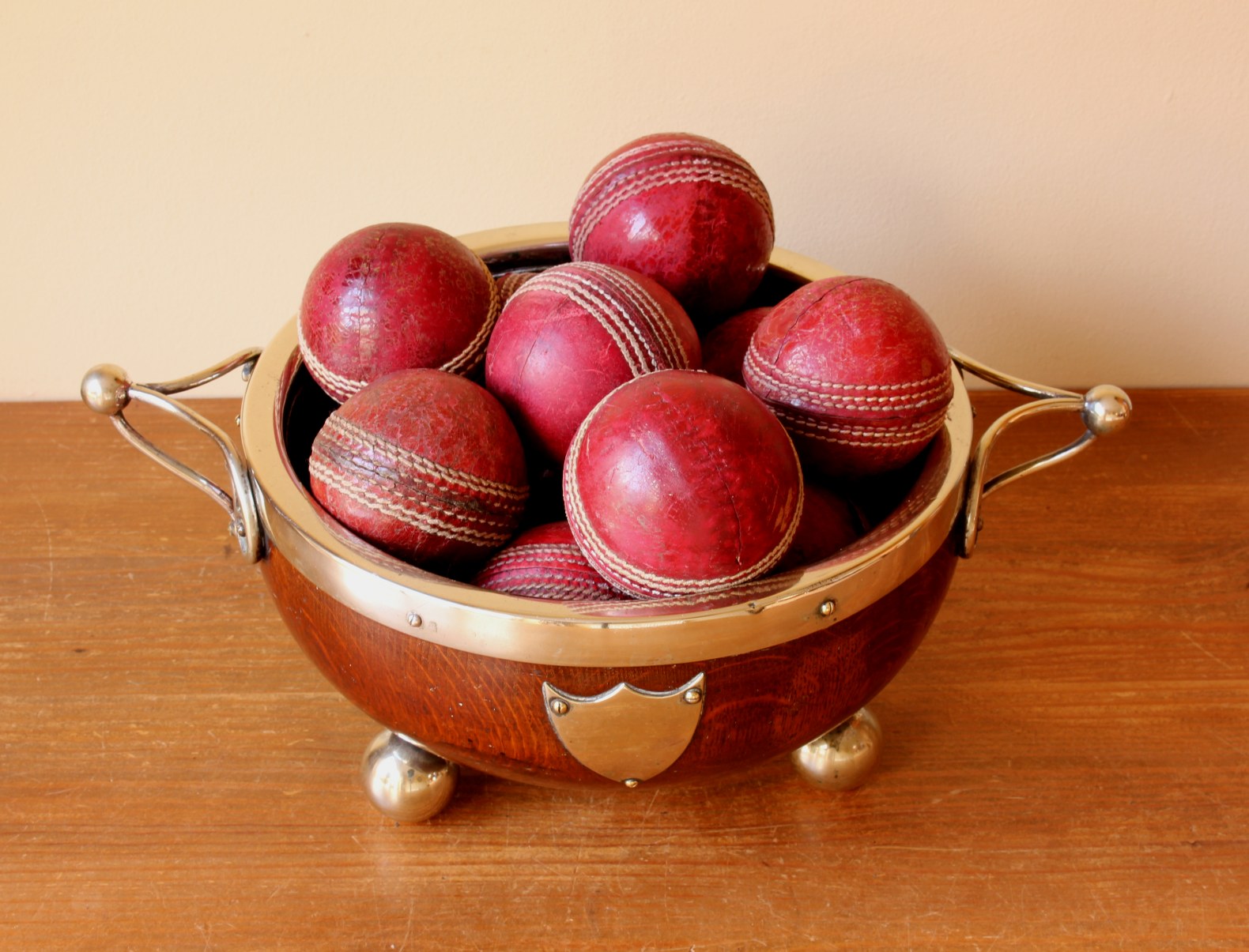 English Oak Silver Plate Mappin & Webb Trophy Bowl & Old Cricket Balls.