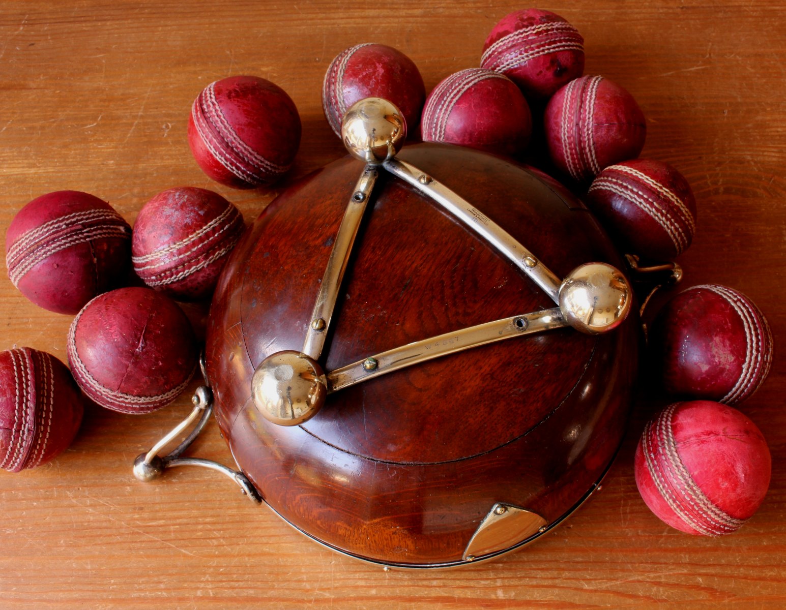 English Oak Silver Plate Mappin & Webb Trophy Bowl & Old Cricket Balls.
