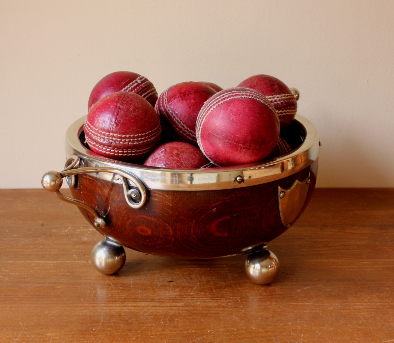 English Oak Silver Plate Mappin & Webb Trophy Bowl & Old Cricket Balls.