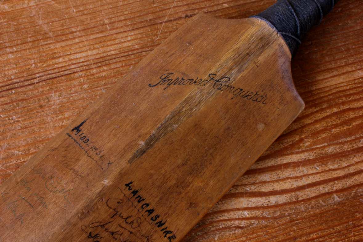 Signed Cricket Bat Middlesex Lancashire. Denis Compton, Alan Moss. 1950's.