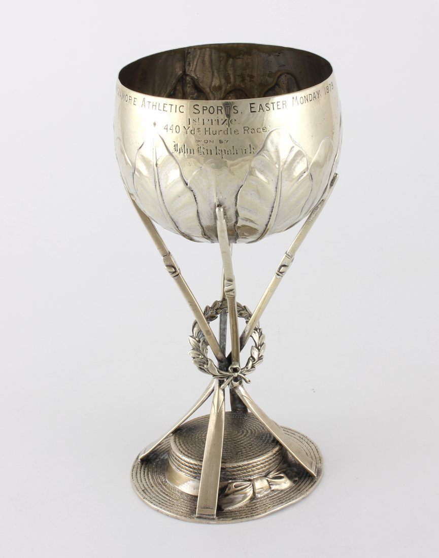 Rowing Trophy Cup. Oars & Boater Hat. Muckamore Athletic 1st Prize. 1879.