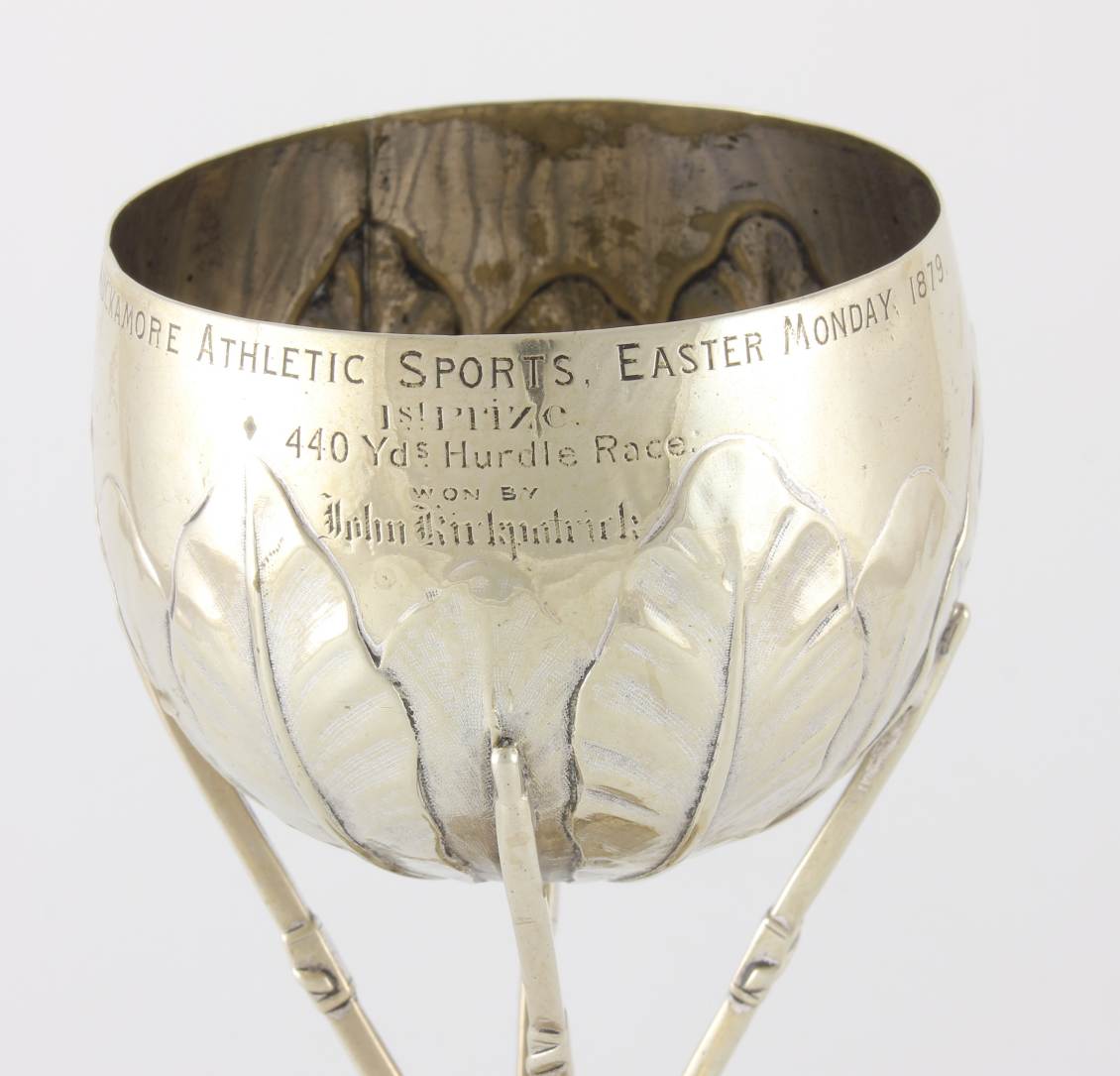 Rowing Trophy Cup. Oars & Boater Hat. Muckamore Athletic 1st Prize. 1879.