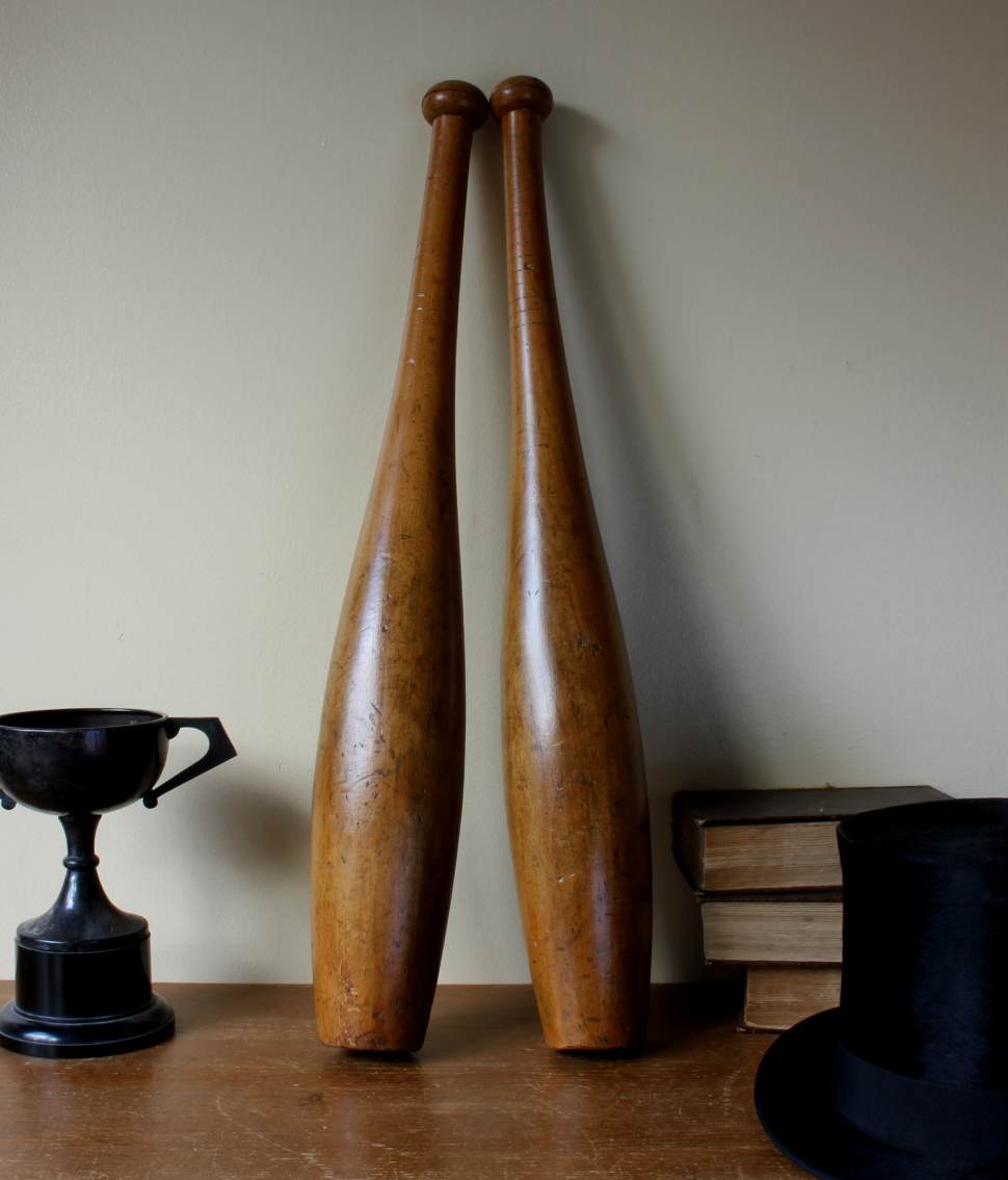 Pair Large Heavy Wooden Indian Clubs. John Piggot Exercise Weights Meels.
