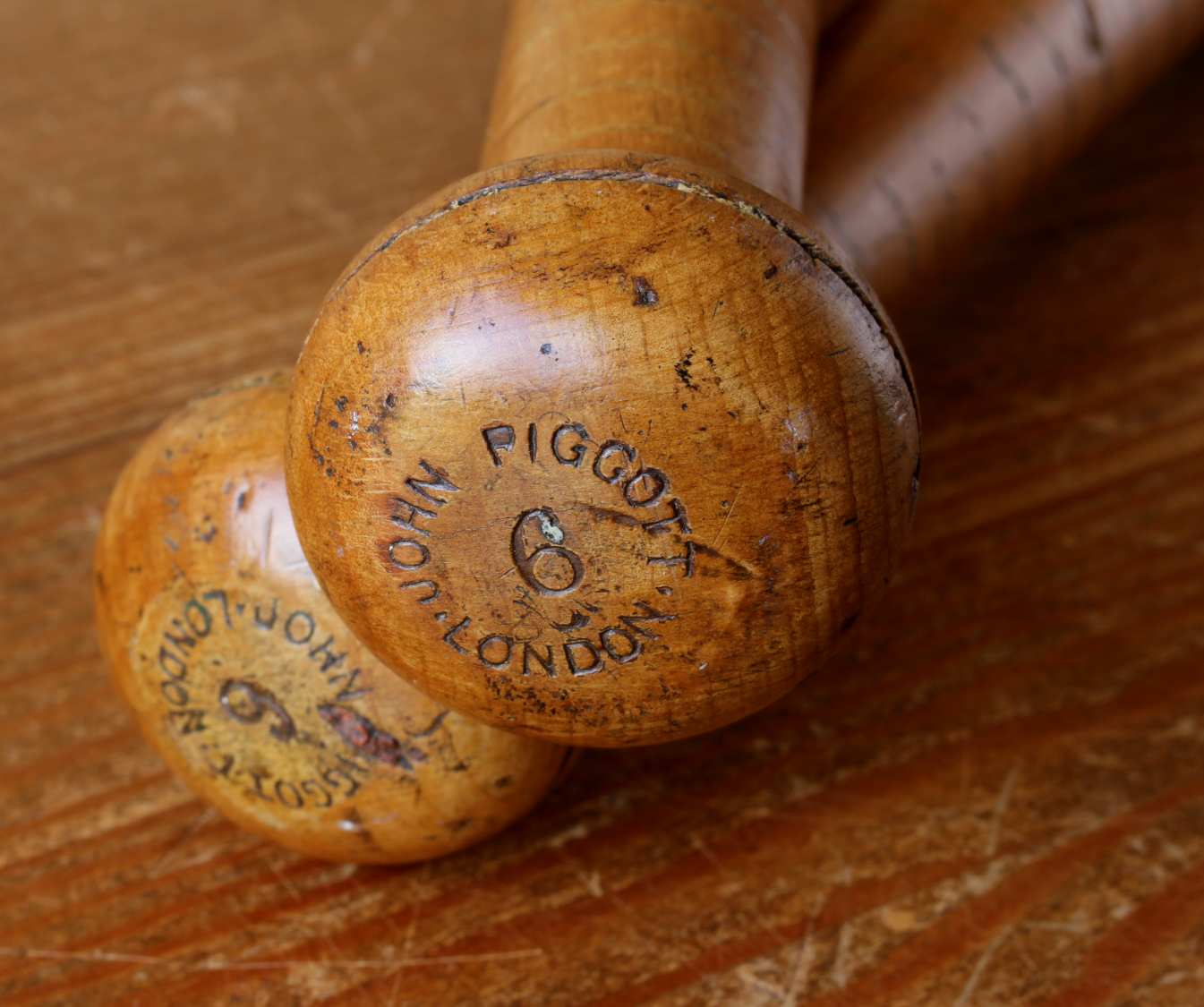 Pair Large Heavy Wooden Indian Clubs. John Piggot Exercise Weights Meels.