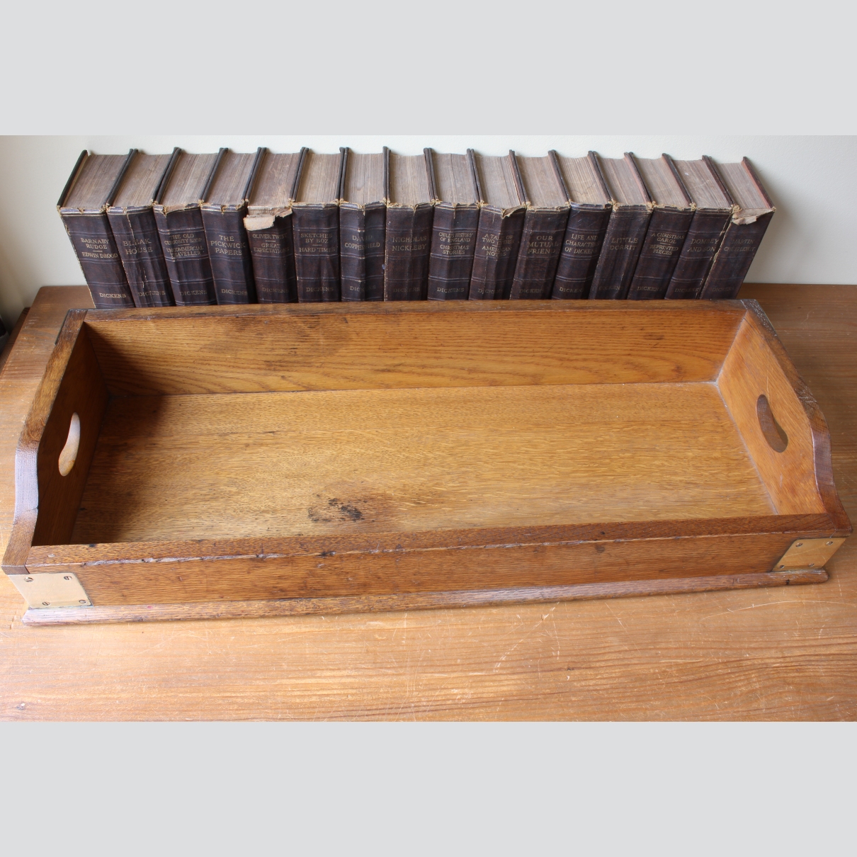 Victorian Oak & Brass Library Book Tray / Trough. 19th Century