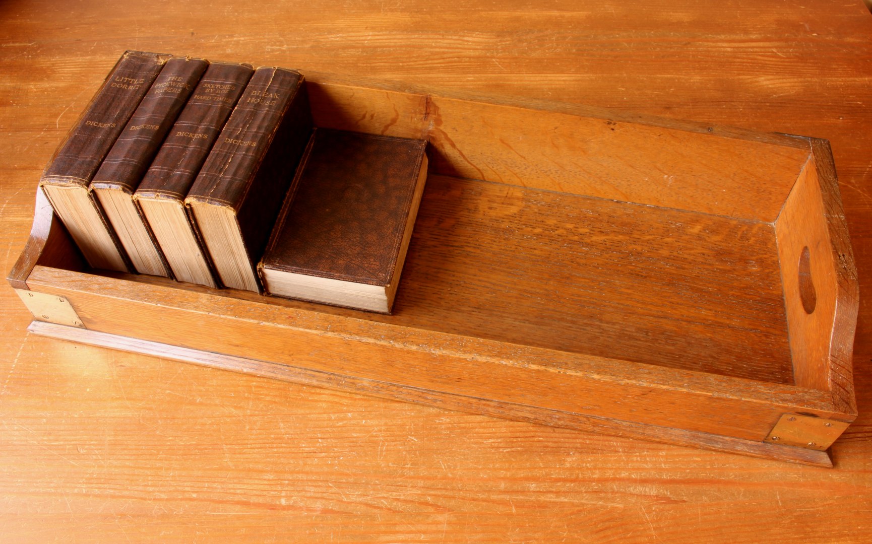 Victorian Oak & Brass Library Book Trough. Wood Drinks Tray Carrier.