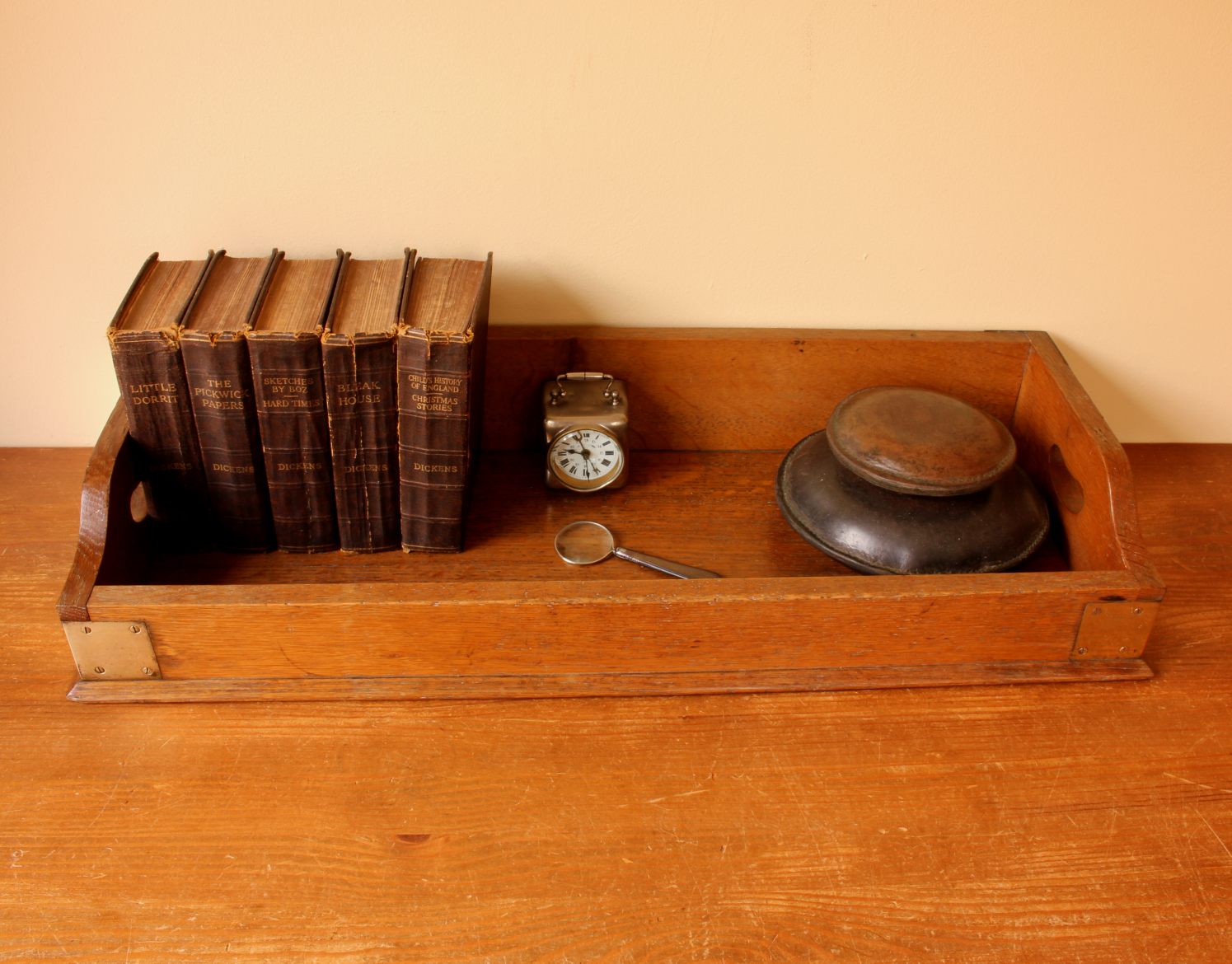 Victorian Oak & Brass Library Book Trough. Wood Drinks Tray Carrier.