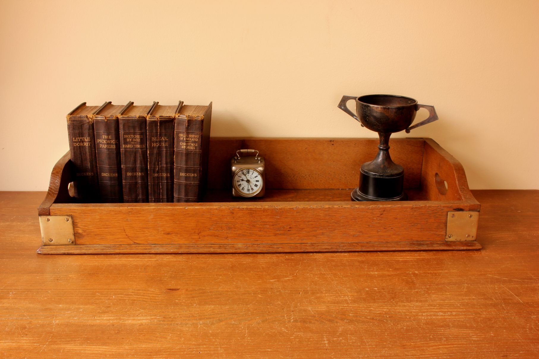 Victorian Oak & Brass Library Book Trough. Wood Drinks Tray Carrier.
