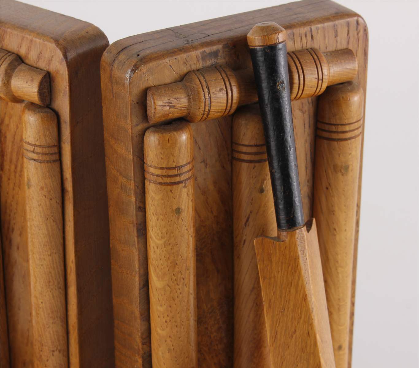 Pair of Handmade Oak Bat & Ball Cricket Bookends. Thornton Smith. c1930.