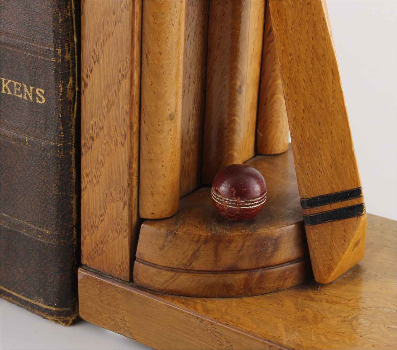 Pair of Handmade Oak Bat & Ball Cricket Bookends. Thornton Smith. c1930.