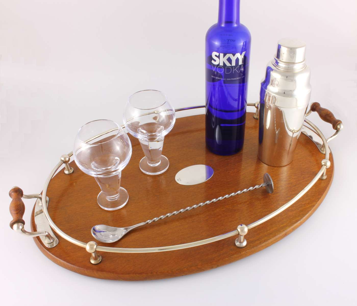 Large English Oak & Silver Plate Gallery Cocktail Drinks Tray. c1900.