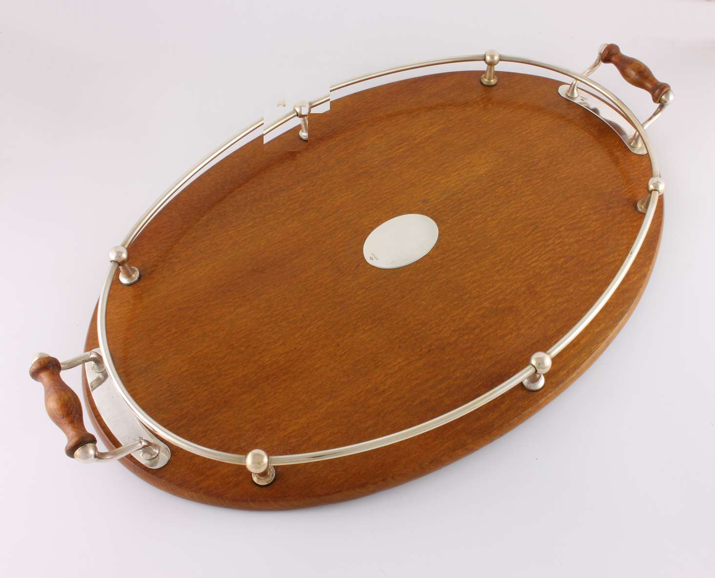 Large English Oak & Silver Plate Gallery Cocktail Drinks Tray. c1900.