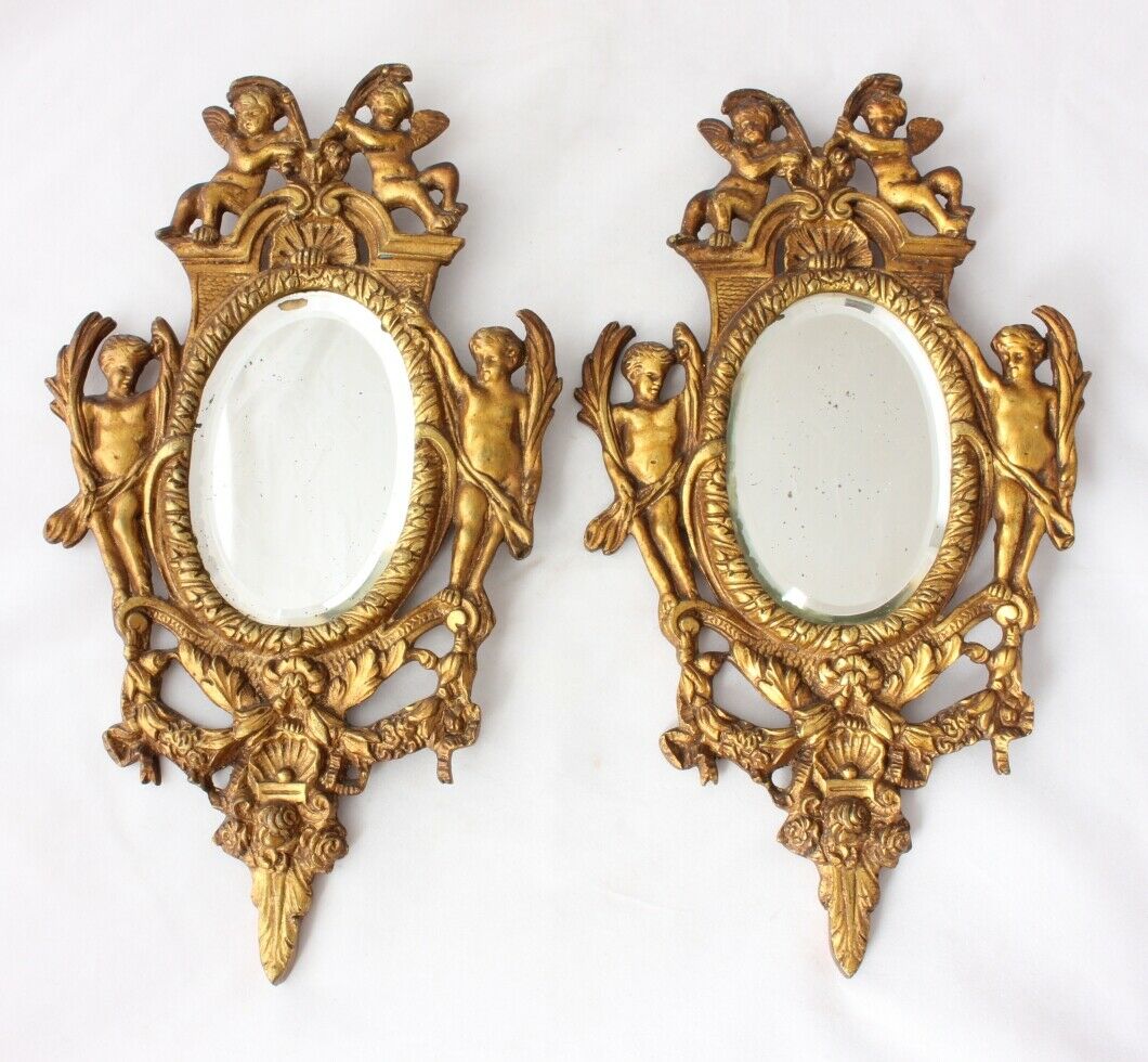 Pair Small Oval 19th Century French Gilt Brass Cherub Wall Mirrors.