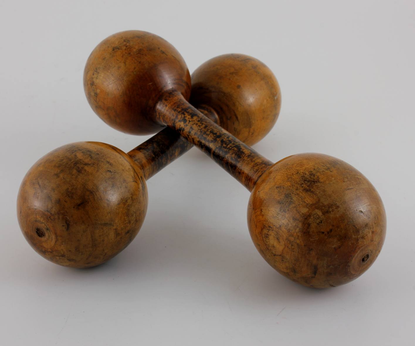 Pair Spalding Wood Gym Dumbbells. USA 1/2 lb Exercise Weights. c1900.