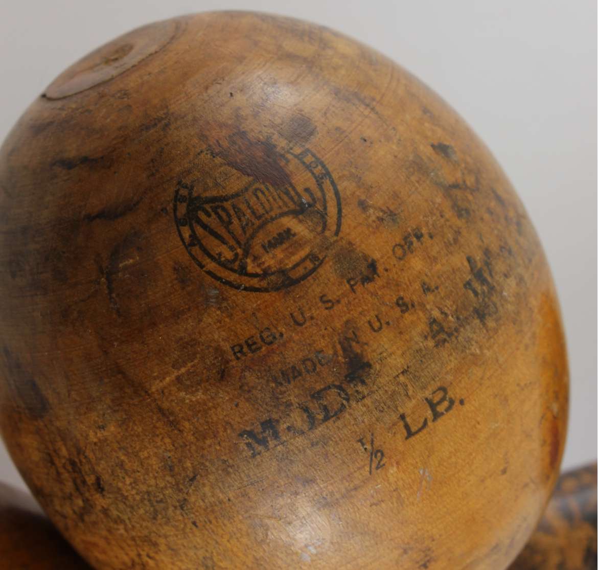 Pair Spalding Wood Gym Dumbbells. USA 1/2 lb Exercise Weights. c1900.