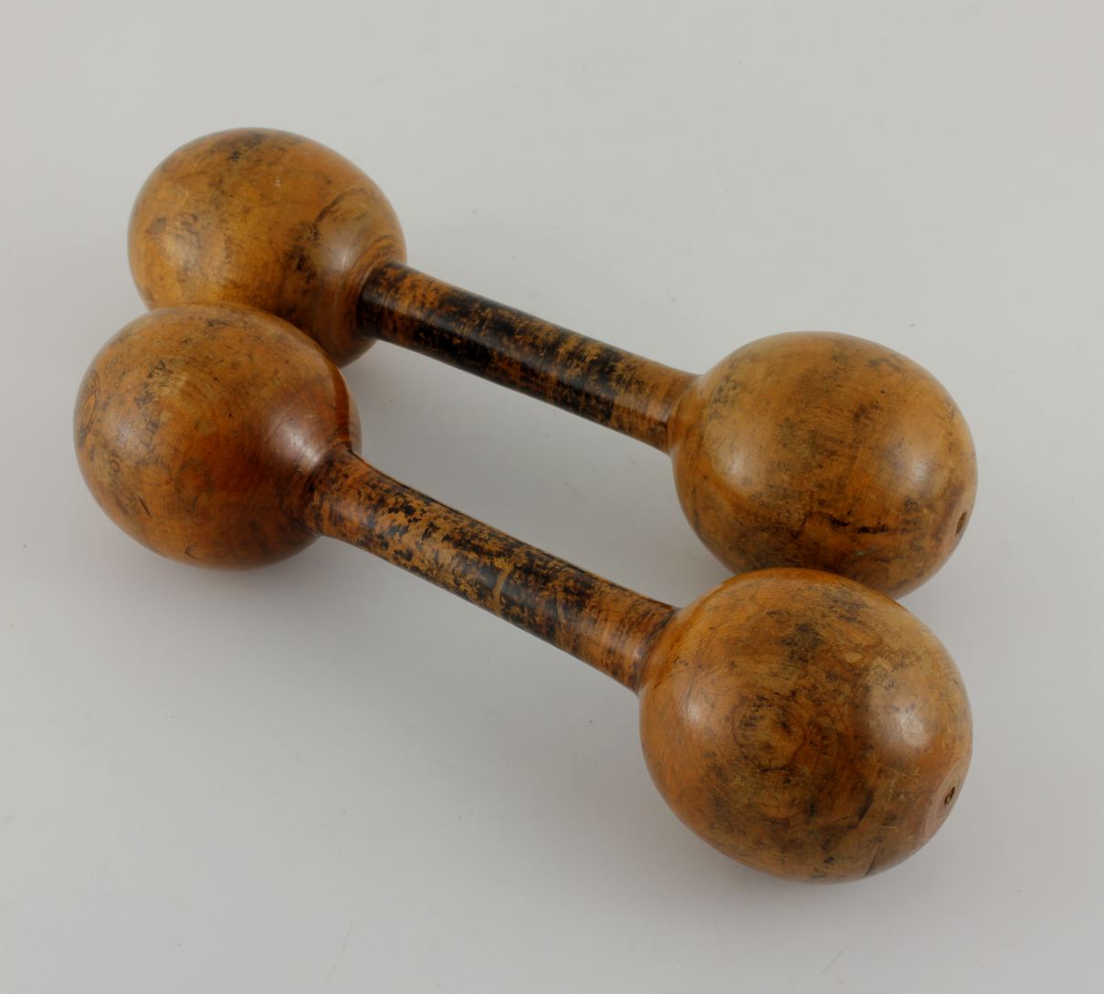 Pair Spalding Wood Gym Dumbbells. USA 1/2 lb Exercise Weights. c1900.
