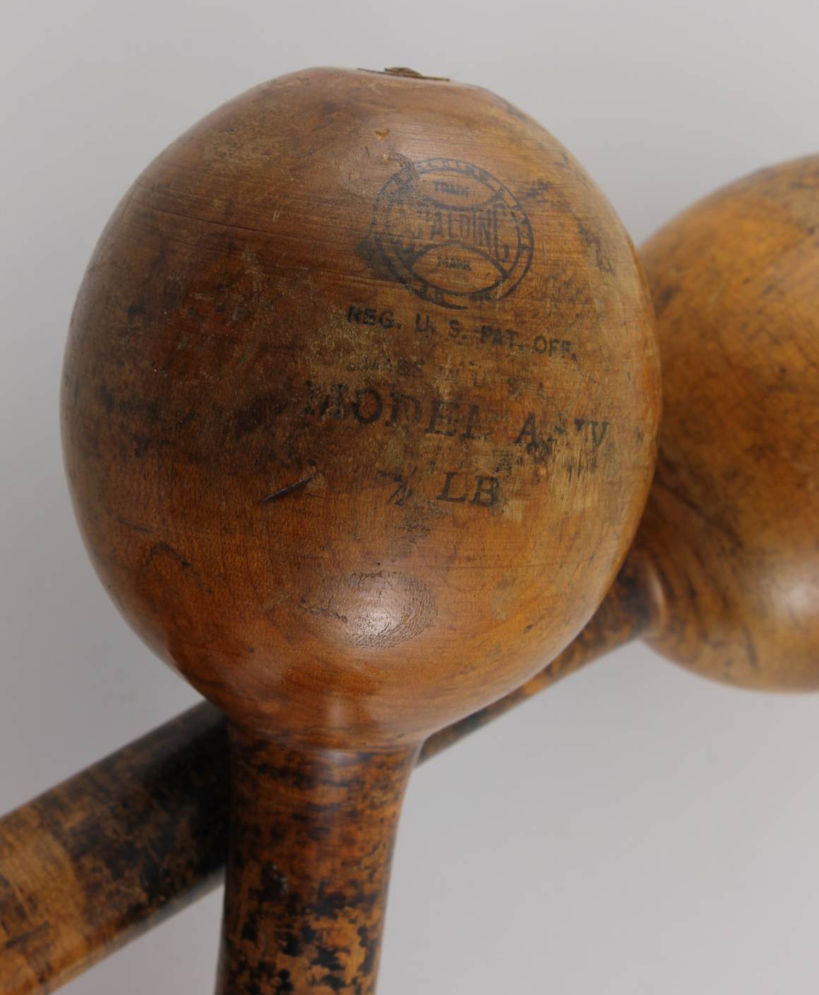 Pair Spalding Wood Gym Dumbbells. USA 1/2 lb Exercise Weights. c1900.
