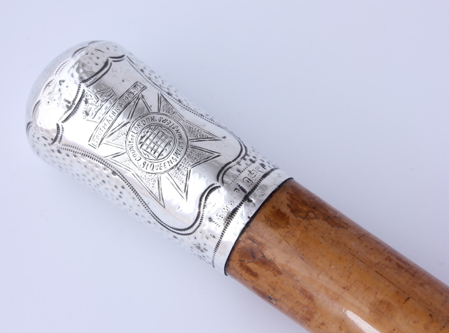 WW1 Silver Malacca Walking Cane. 16th County of London Queens Westminsters.