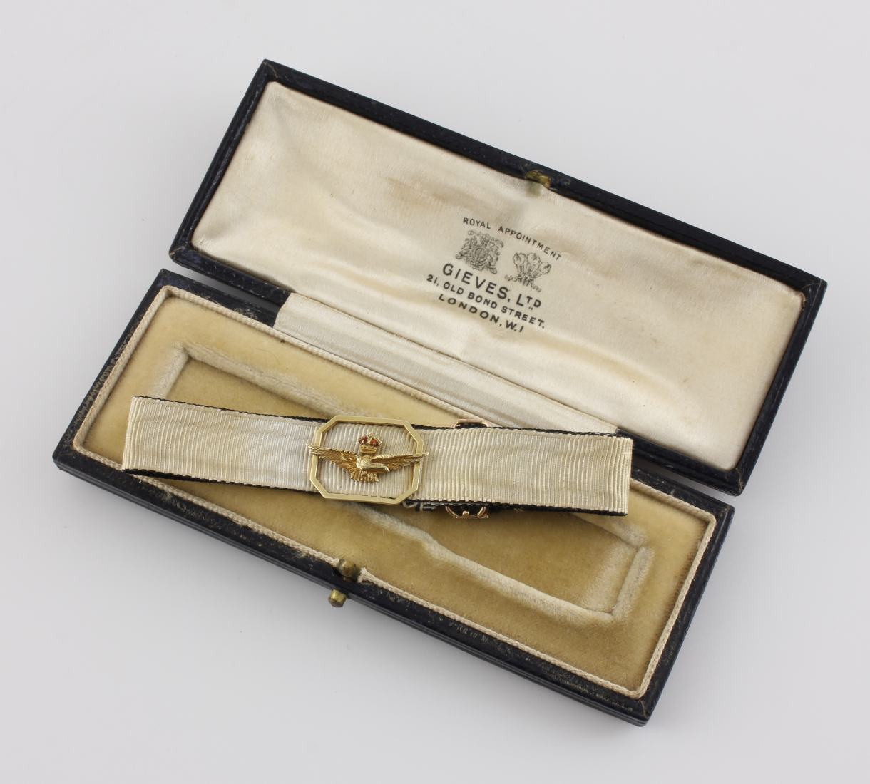 9ct Gold, Enamel & Silk RAF Sweetheart Bracelet. Gieves Case. c1940.