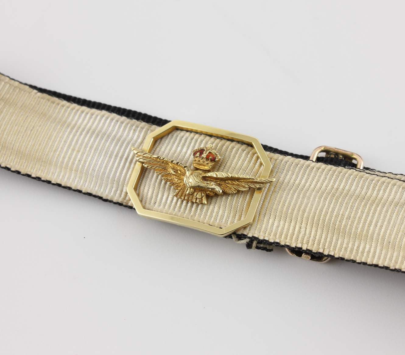 9ct Gold, Enamel & Silk RAF Sweetheart Bracelet. Gieves Case. c1940.