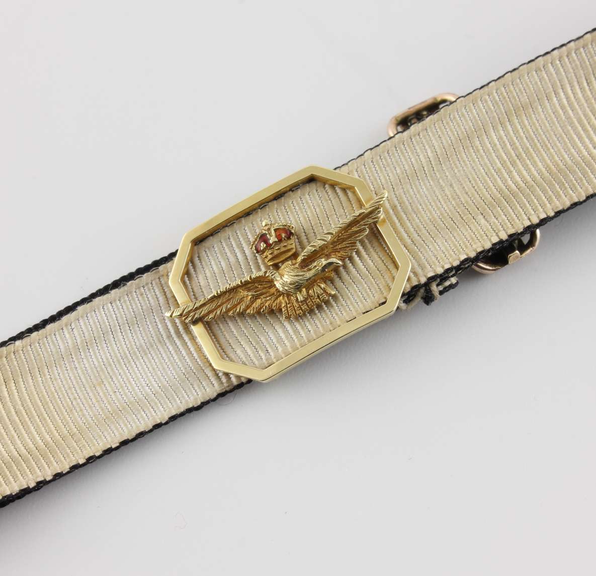 9ct Gold, Enamel & Silk RAF Sweetheart Bracelet. Gieves Case. c1940.
