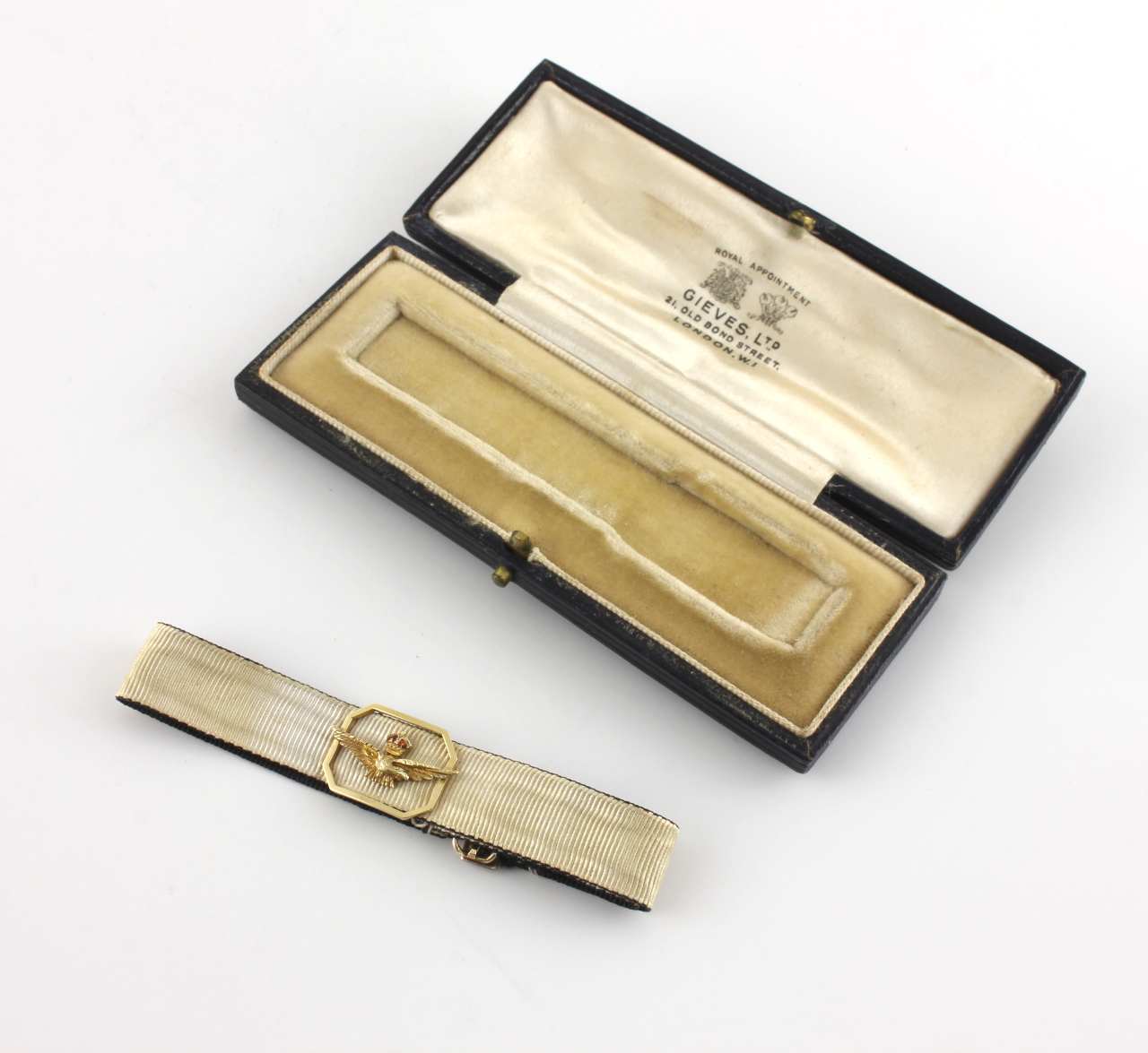 9ct Gold, Enamel & Silk RAF Sweetheart Bracelet. Gieves Case. c1940.
