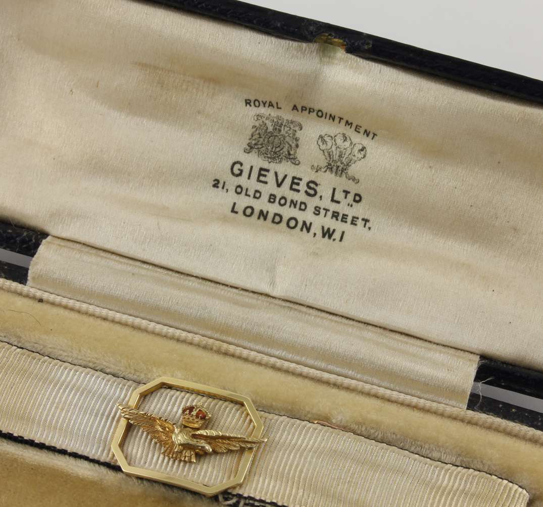 9ct Gold, Enamel & Silk RAF Sweetheart Bracelet. Gieves Case. c1940.