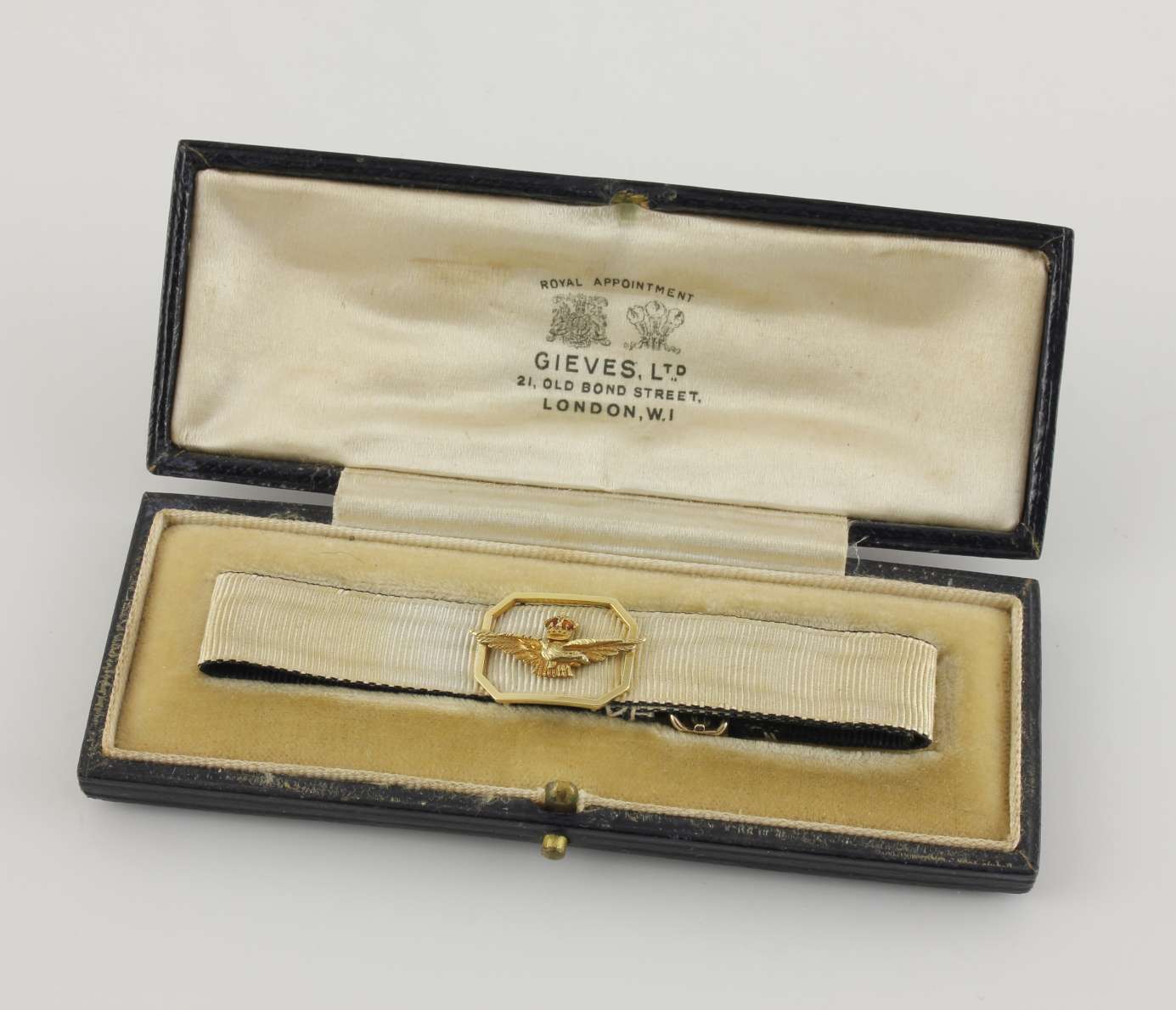 9ct Gold, Enamel & Silk RAF Sweetheart Bracelet. Gieves Case. c1940.