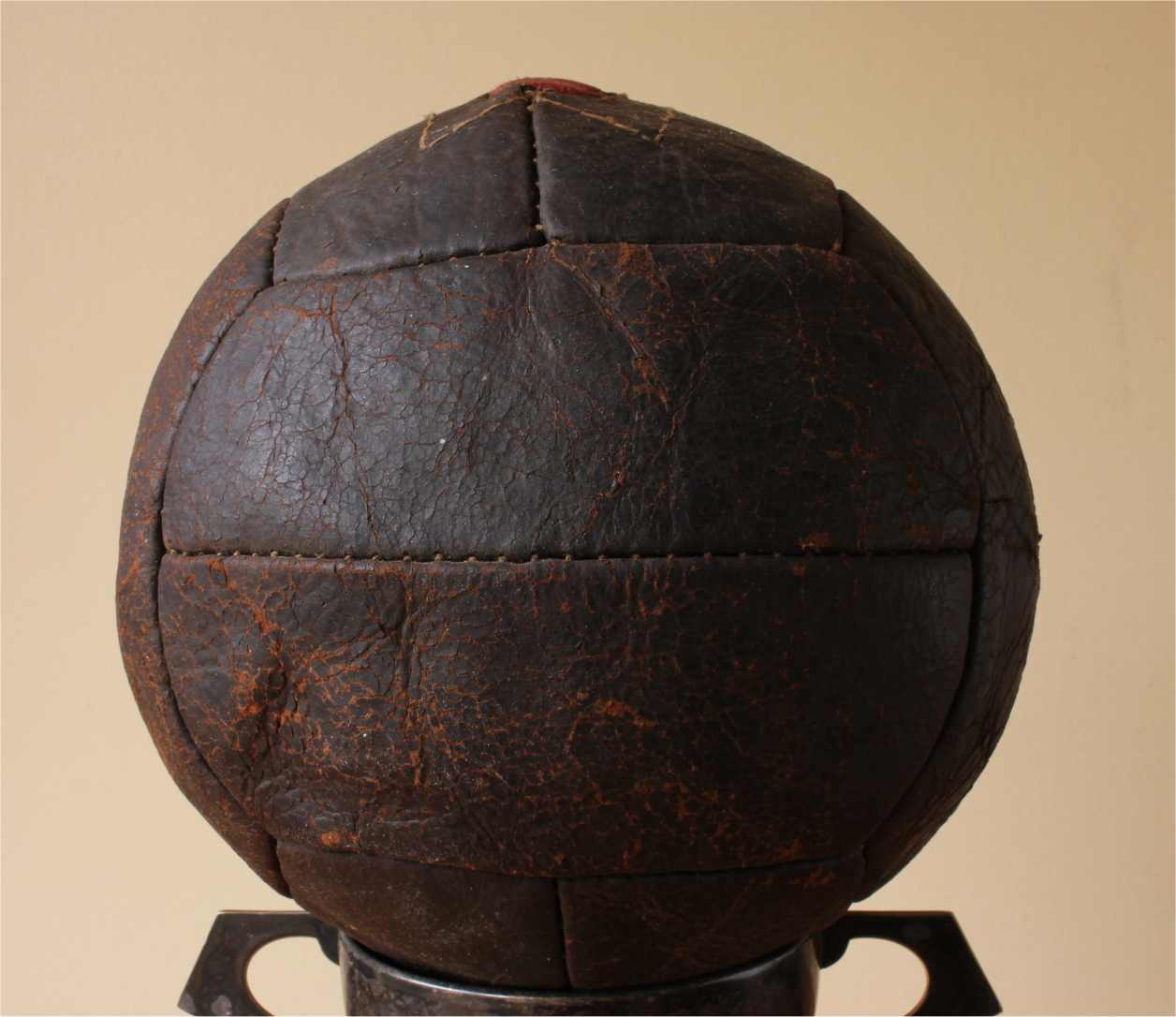 Red Laced Size 4 Leather Football. 12 Panel Soccer Display Ball. c1930.
