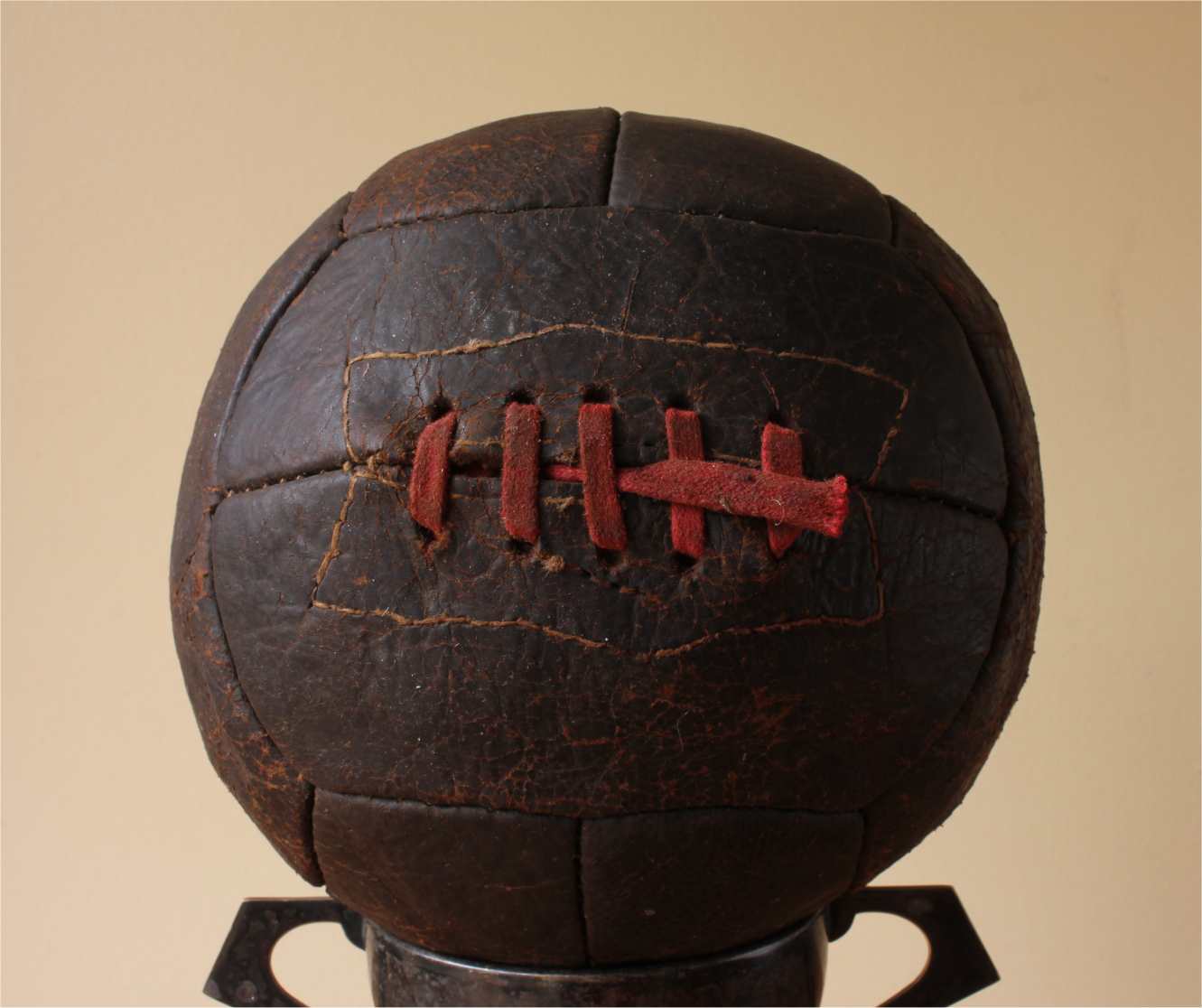 Red Laced Size 4 Leather Football. 12 Panel Soccer Display Ball. c1930.