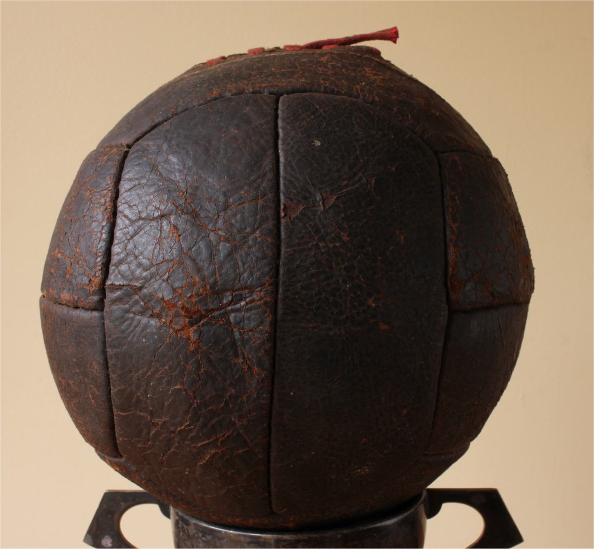 Red Laced Size 4 Leather Football. 12 Panel Soccer Display Ball. c1930.
